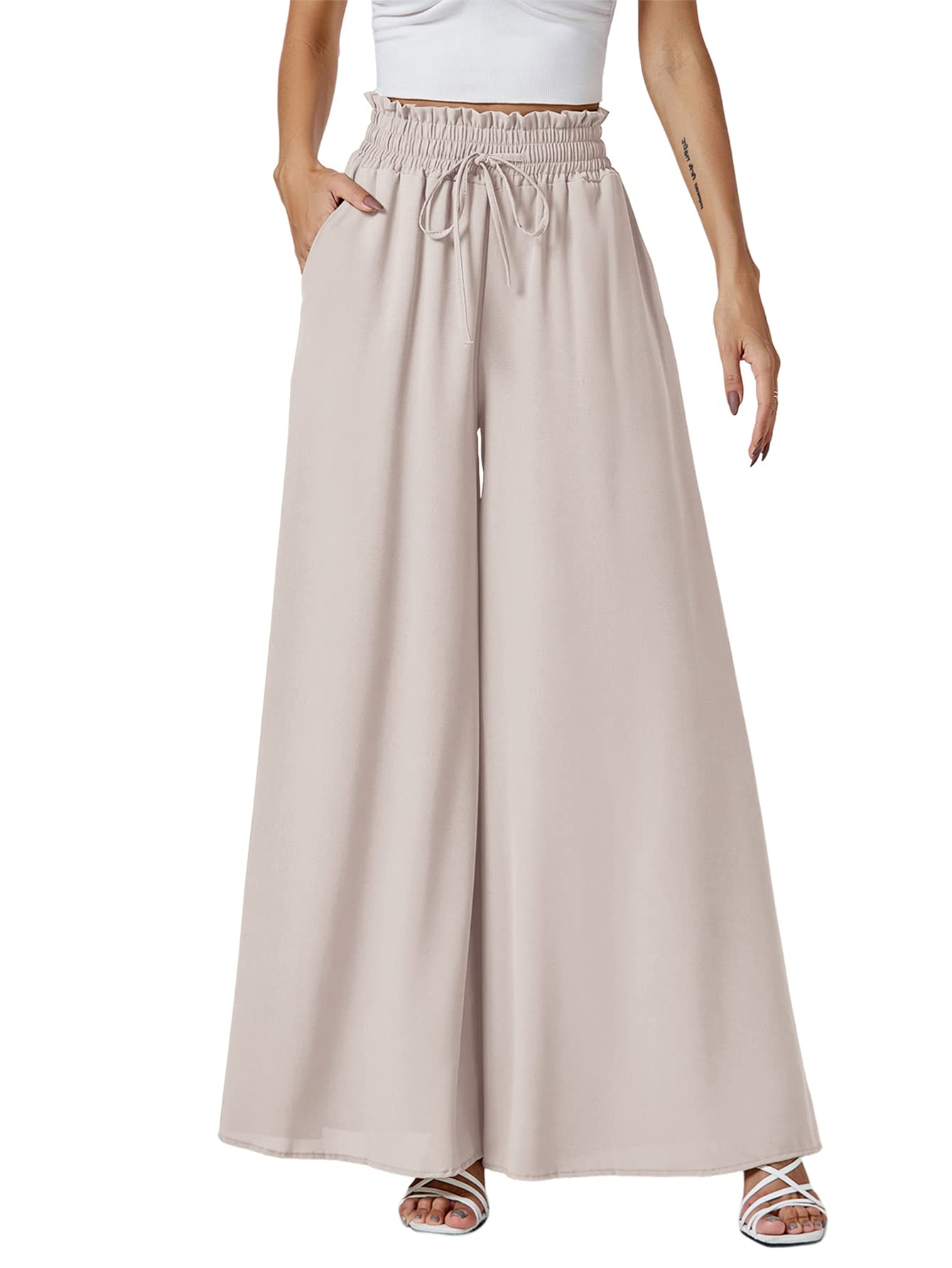 LYANER Women's Drawstring Elastic High Waisted Wide Leg Palazzo Pants Loose Casual Trousers Beige X-Large