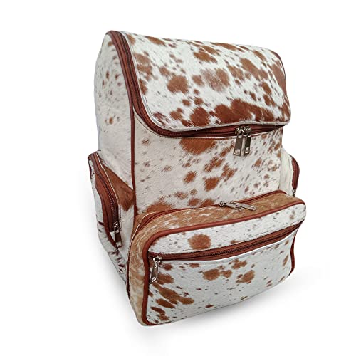 Cowhide Backpack Hair On | Fur Leather Diaper Backpack Rucksack / Knapsack Travel Shoulder Bag / Cow Skin Baby Bags (Salt Pepper Brown and White)