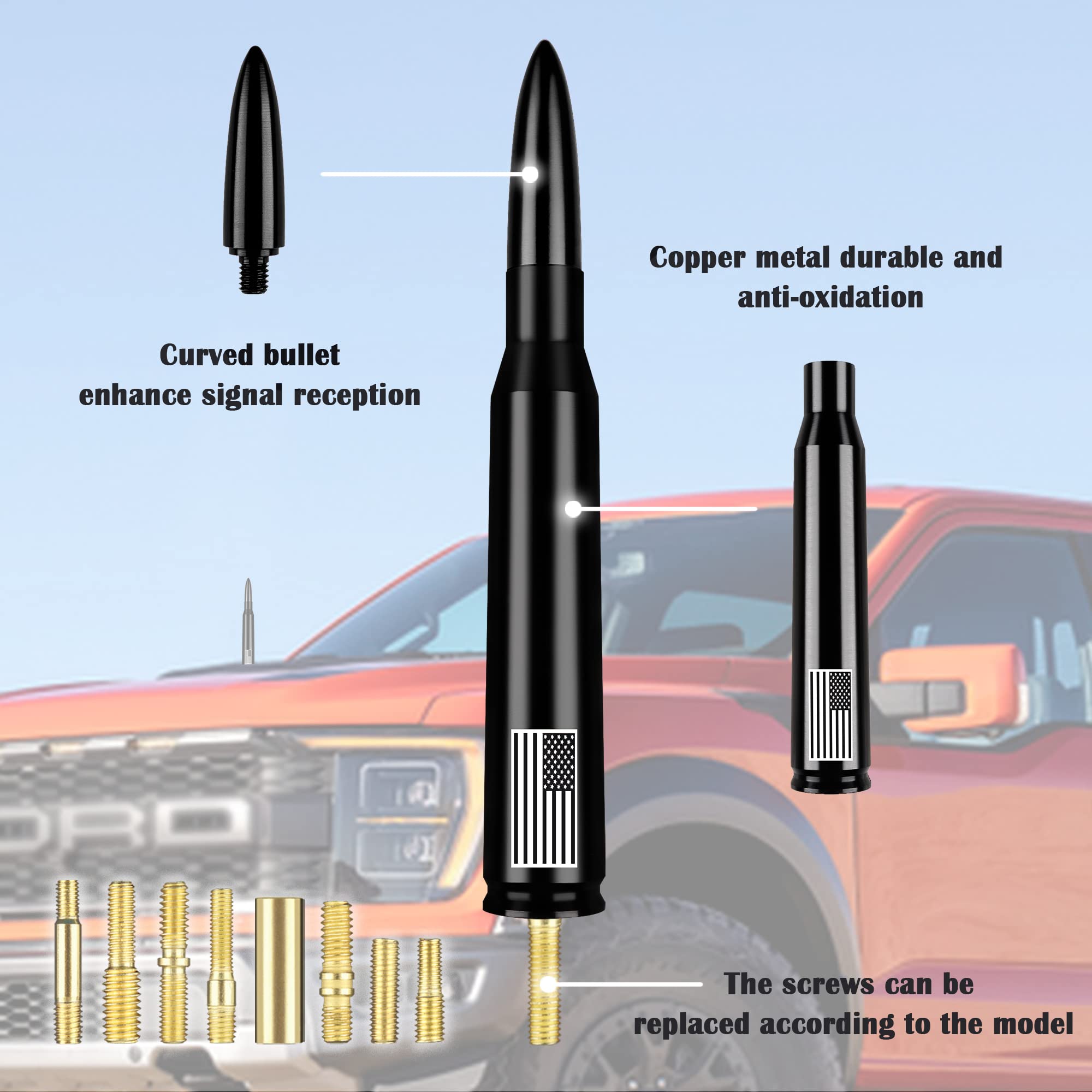 American Flag Car Truck Bullet Antenna,Aluminum Alloy - Enhance Signal Stability and Waterproof,Compatible with Dodge, Ford, Chevrolet, Toyota, Jeep, GMC Antenna Replacement(Black)