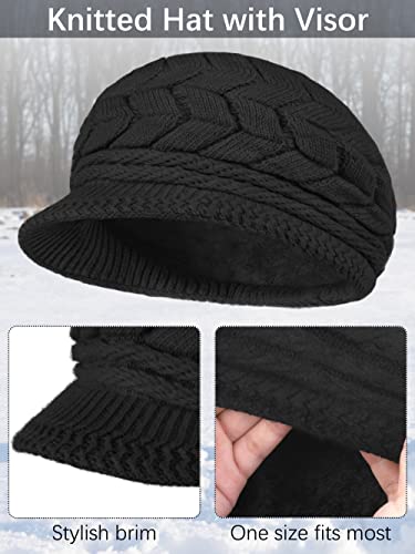 URATOT 3 Pieces Winter Beanie Hat with Brim Scarf Glove Warm Cap with Visor Knitted Touch Screen Glove Gifts for Women