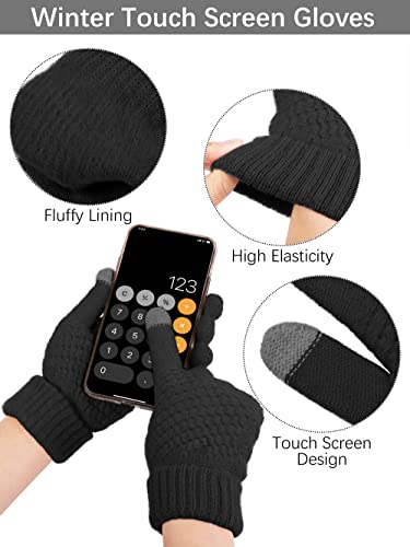 URATOT 3 Pieces Winter Beanie Hat with Brim Scarf Glove Warm Cap with Visor Knitted Touch Screen Glove Gifts for Women