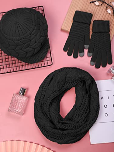 URATOT 3 Pieces Winter Beanie Hat with Brim Scarf Glove Warm Cap with Visor Knitted Touch Screen Glove Gifts for Women
