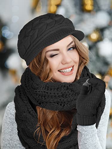 URATOT 3 Pieces Winter Beanie Hat with Brim Scarf Glove Warm Cap with Visor Knitted Touch Screen Glove Gifts for Women