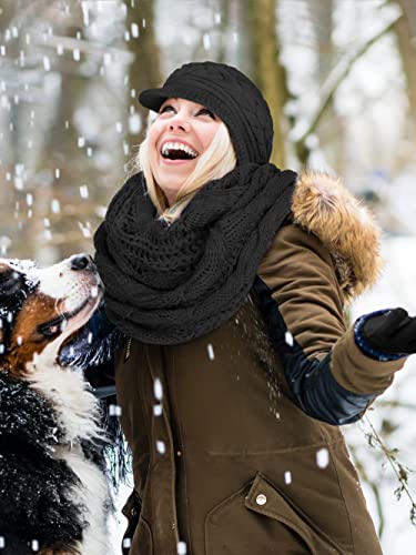 URATOT 3 Pieces Winter Beanie Hat with Brim Scarf Glove Warm Cap with Visor Knitted Touch Screen Glove Gifts for Women