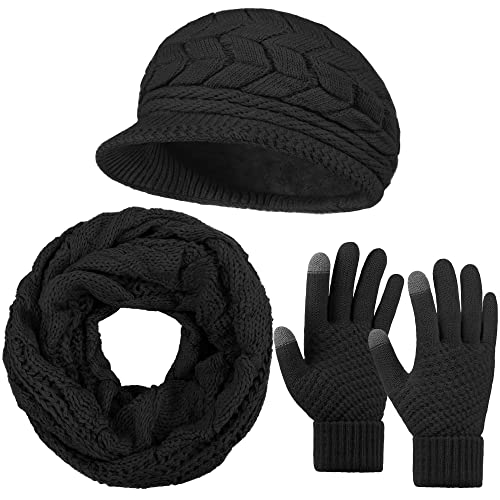 URATOT 3 Pieces Winter Beanie Hat with Brim Scarf Glove Warm Cap with Visor Knitted Touch Screen Glove Gifts for Women