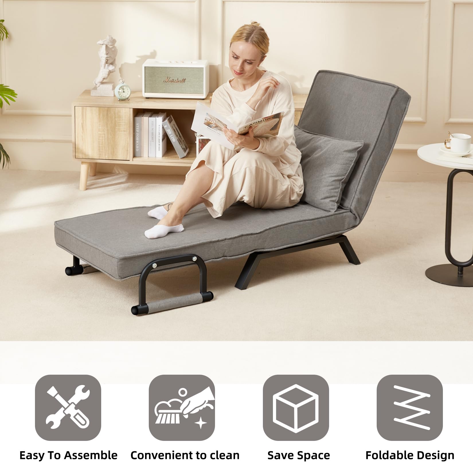 Haddockway Single Person Sofa Bed Sleeper Chair Convertible Chaise Lounge Couch,Folding Sofa Arm Chair with Pillow&5 Adjustable Backrest,Upholstered Lazy Bed Leisure Recliner for Home Office