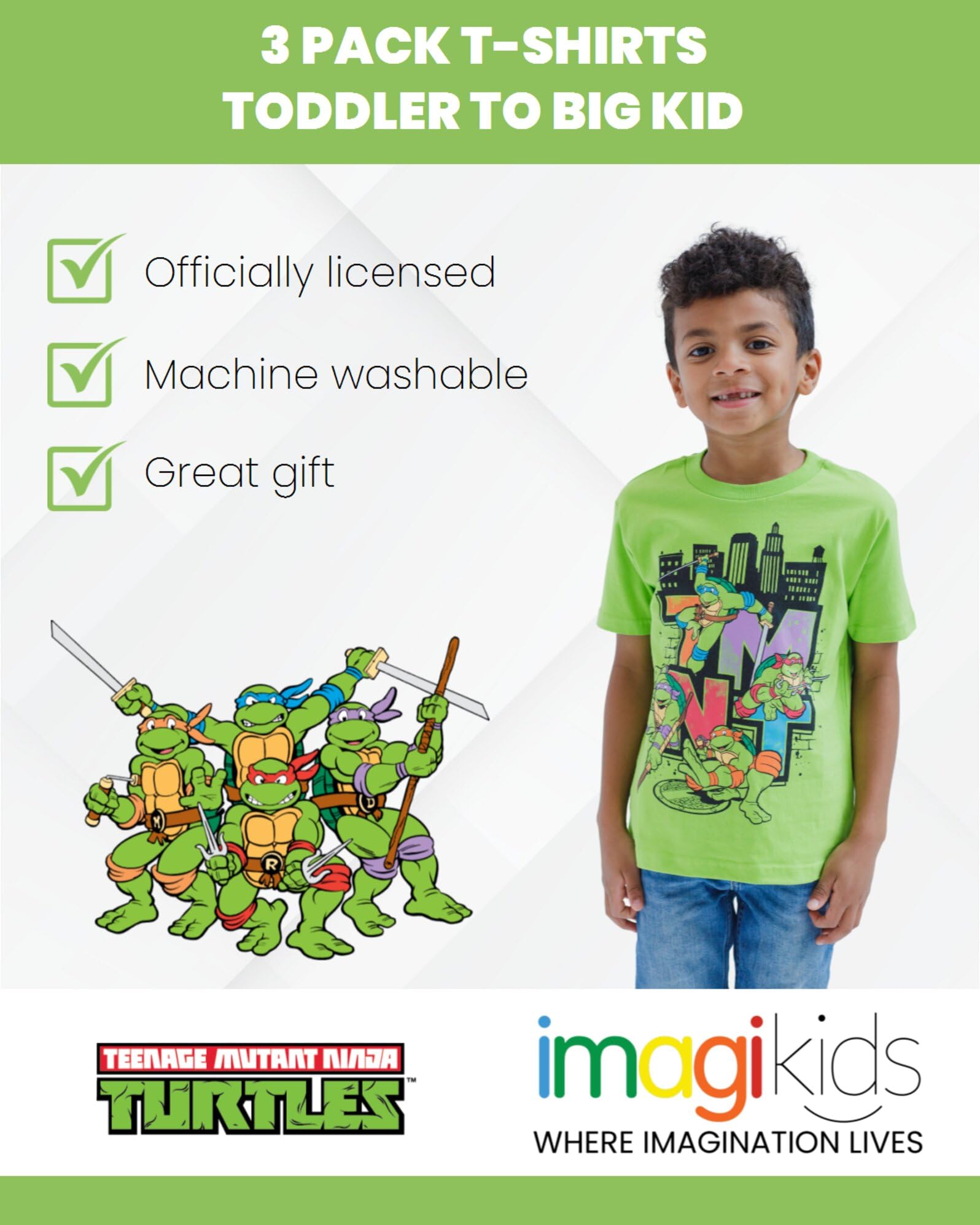 Teenage Mutant Ninja Turtles Leonardo Michelangelo Raphael Little Boys 3 Pack T-Shirts White/Gray/Green 7-8