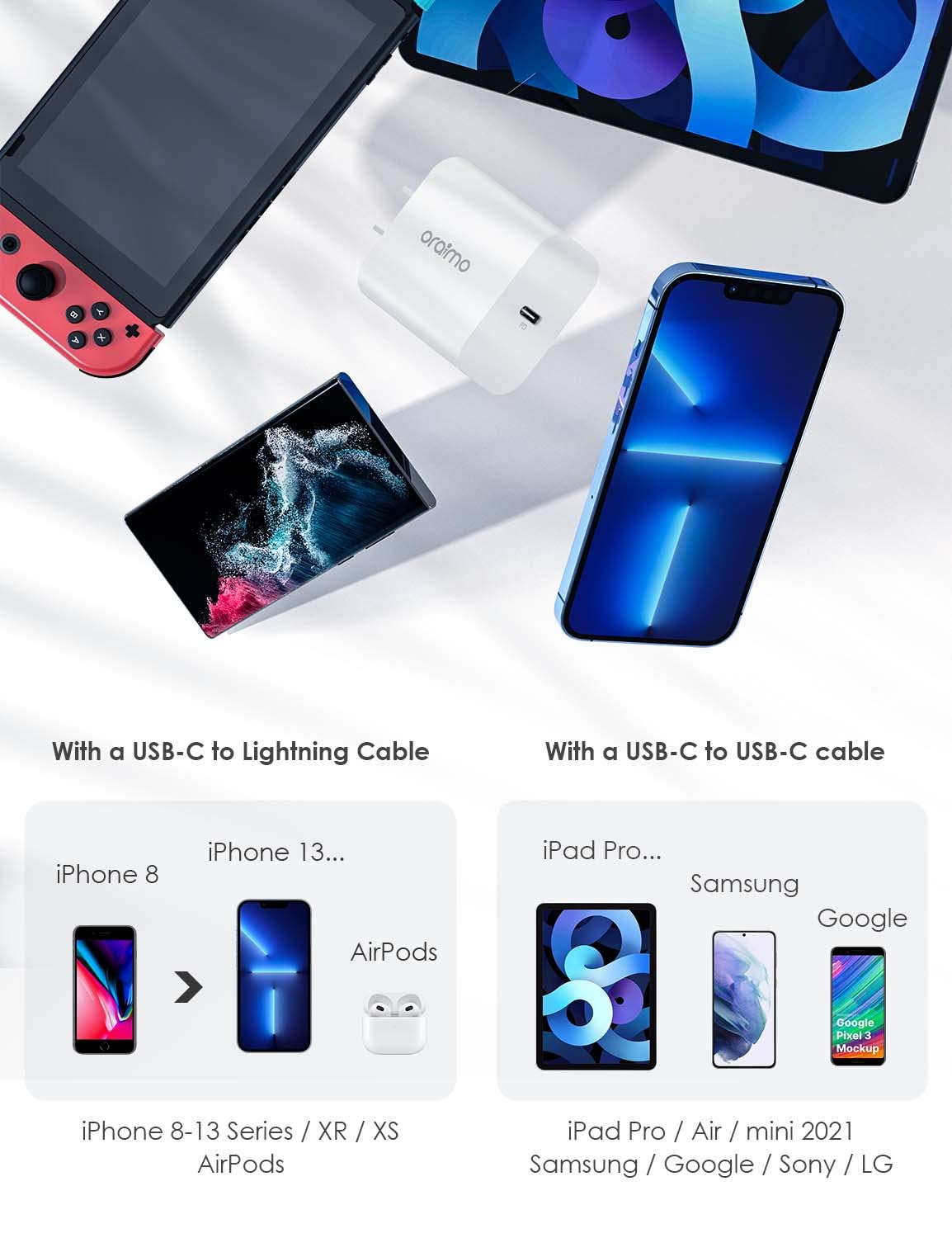 oraimo 20W USB C Charger Block with USB C to C Fast Charging Cable for iPad Pro 12.9, iPad Air 4/ Air 3/ Pro 12.9/ Pro 11, Google Pixel
