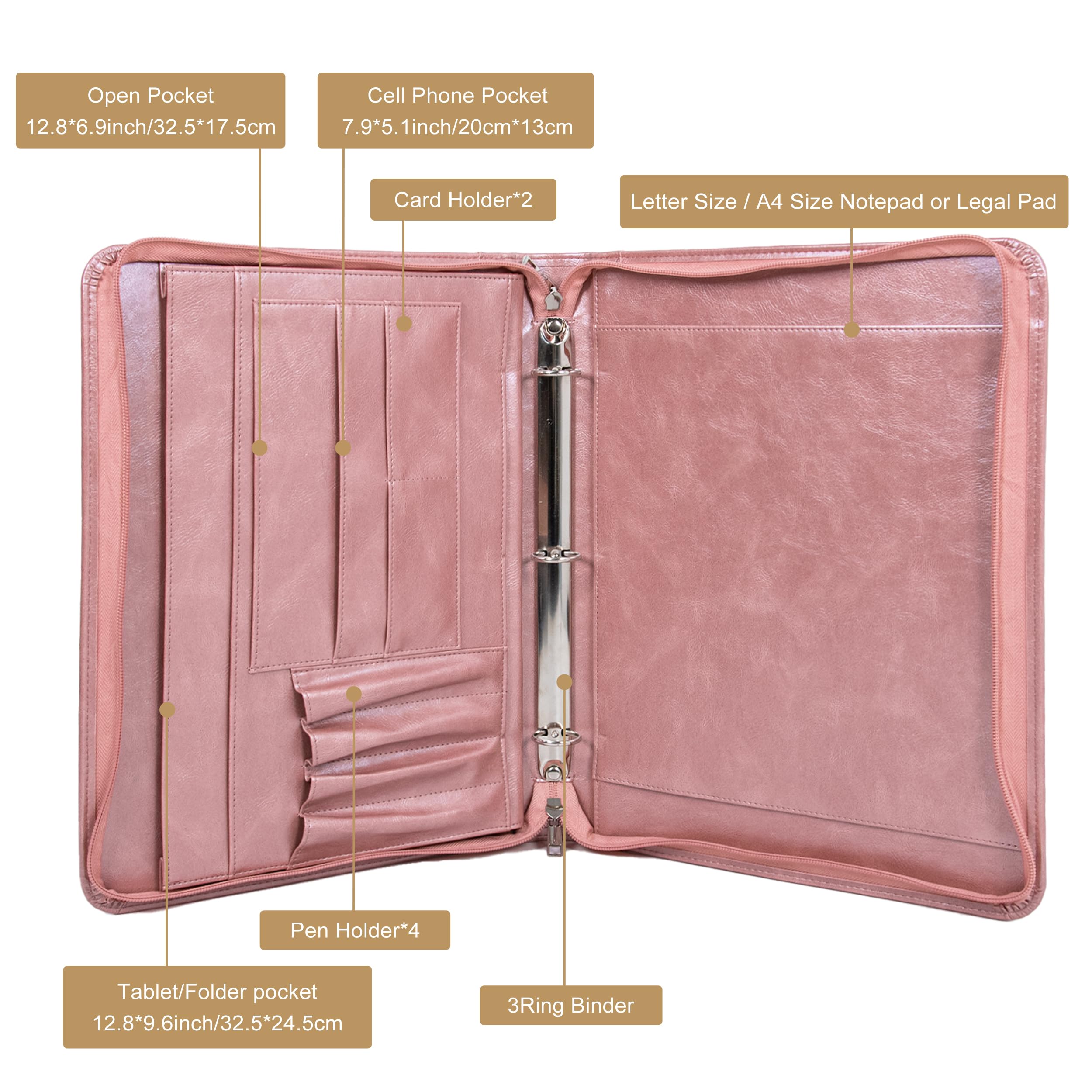 AZXCG Zipper Binder Portfolio for Women, 3 Ring Binders 1 inch, PU Leather Padfolio Folder, Business Portfolio Organizer with A4 Legal Pads, Thin Leather Professional Binder, Gift for Her, Rosegold