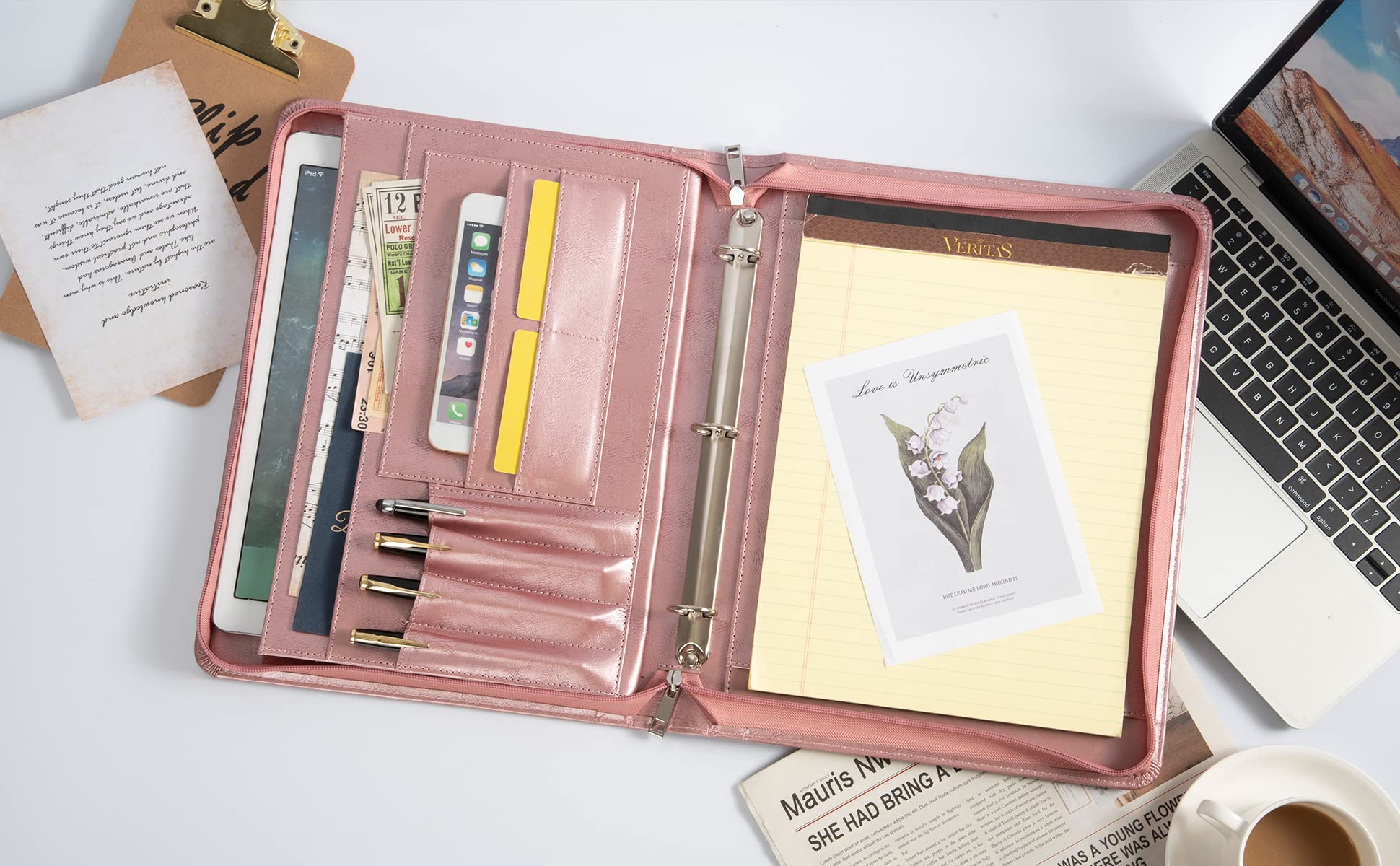 AZXCG Zipper Binder Portfolio for Women, 3 Ring Binders 1 inch, PU Leather Padfolio Folder, Business Portfolio Organizer with A4 Legal Pads, Thin Leather Professional Binder, Gift for Her, Rosegold