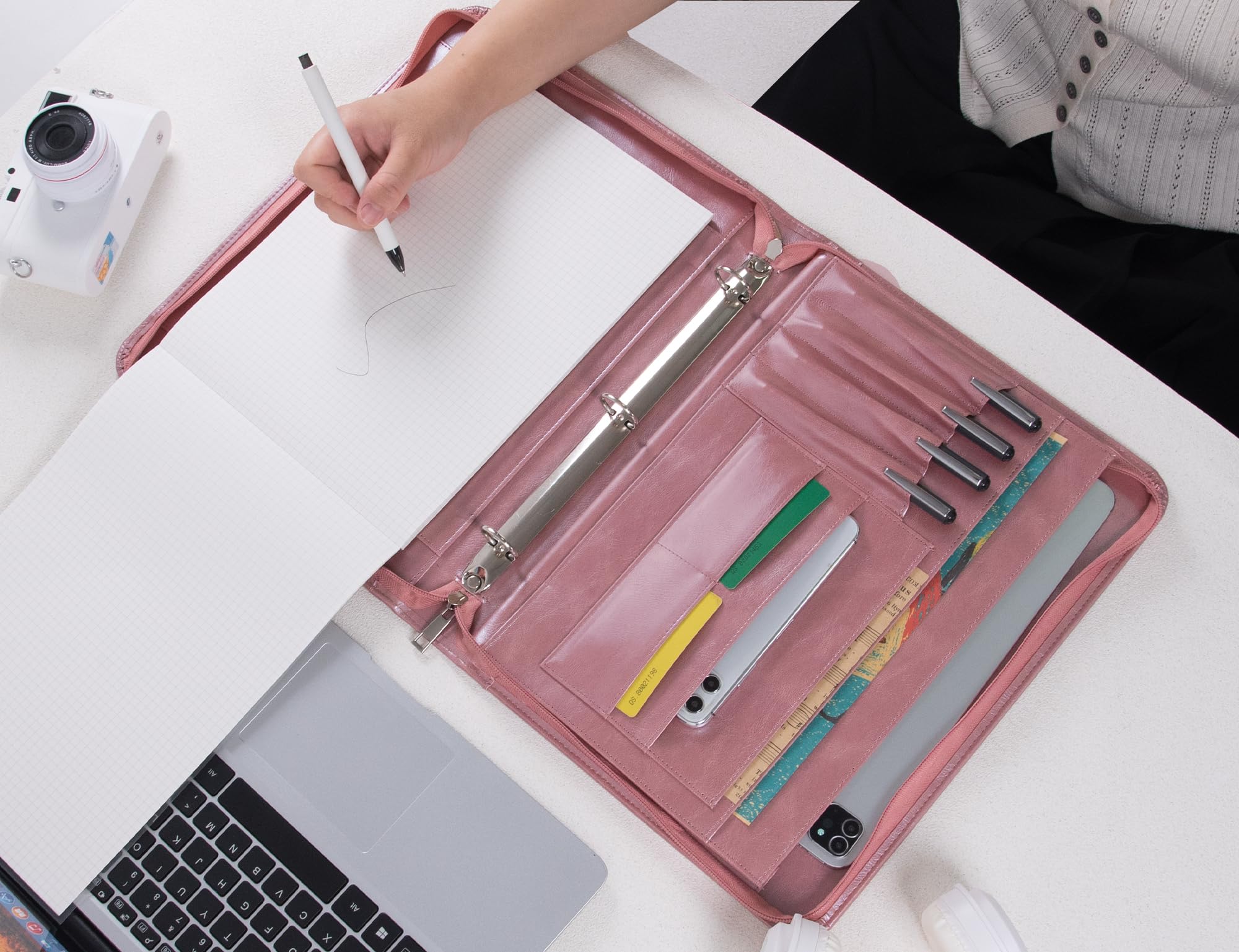 AZXCG Zipper Binder Portfolio for Women, 3 Ring Binders 1 inch, PU Leather Padfolio Folder, Business Portfolio Organizer with A4 Legal Pads, Thin Leather Professional Binder, Gift for Her, Rosegold