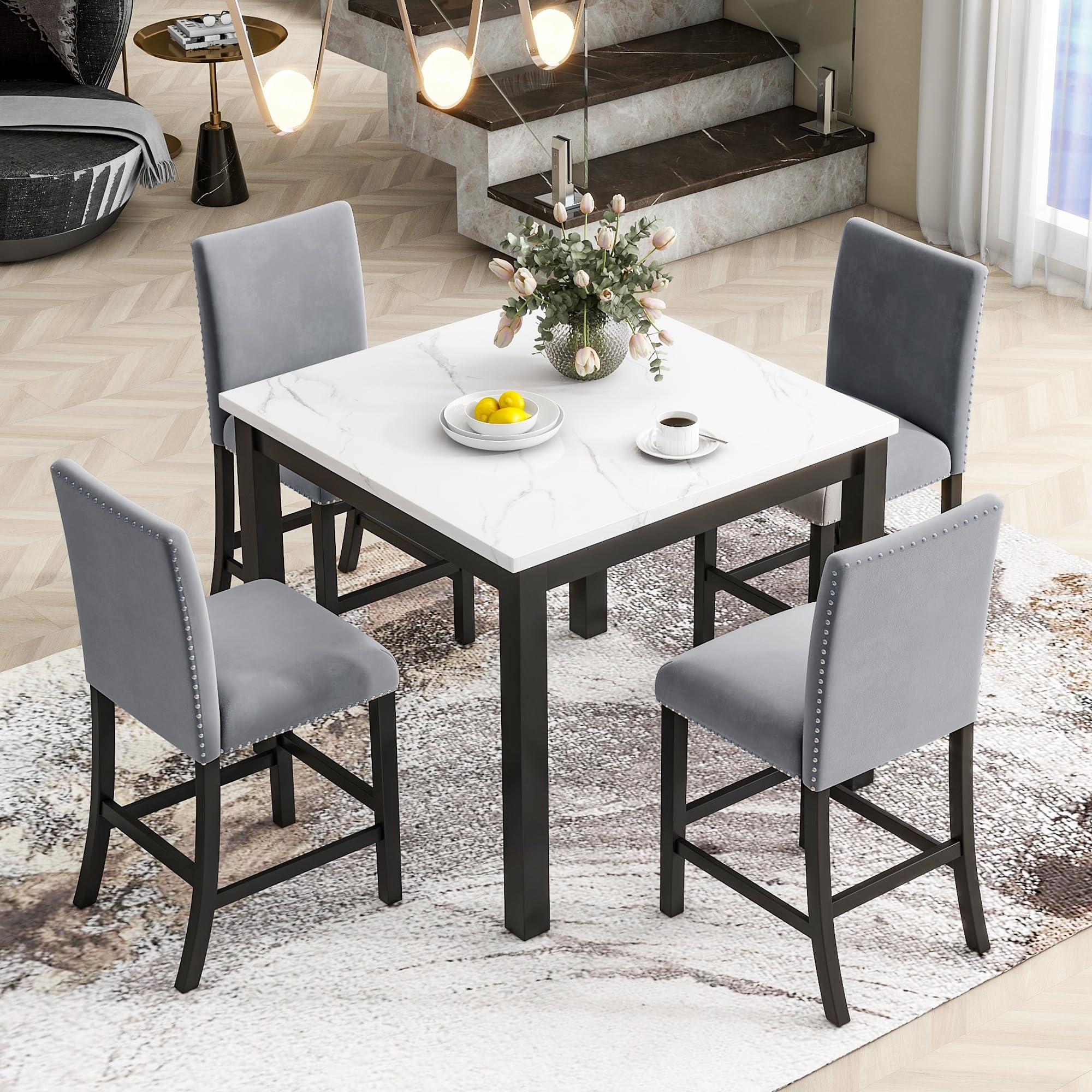 Merax Dining Table Set for 4, Counter Height Dining Table Set with Faux Marble Dining Table and 4 Upholstered-Seat Chairs, 5 Piece Dining Room Table Set for Kitchen and Living Room Furniture, Gray