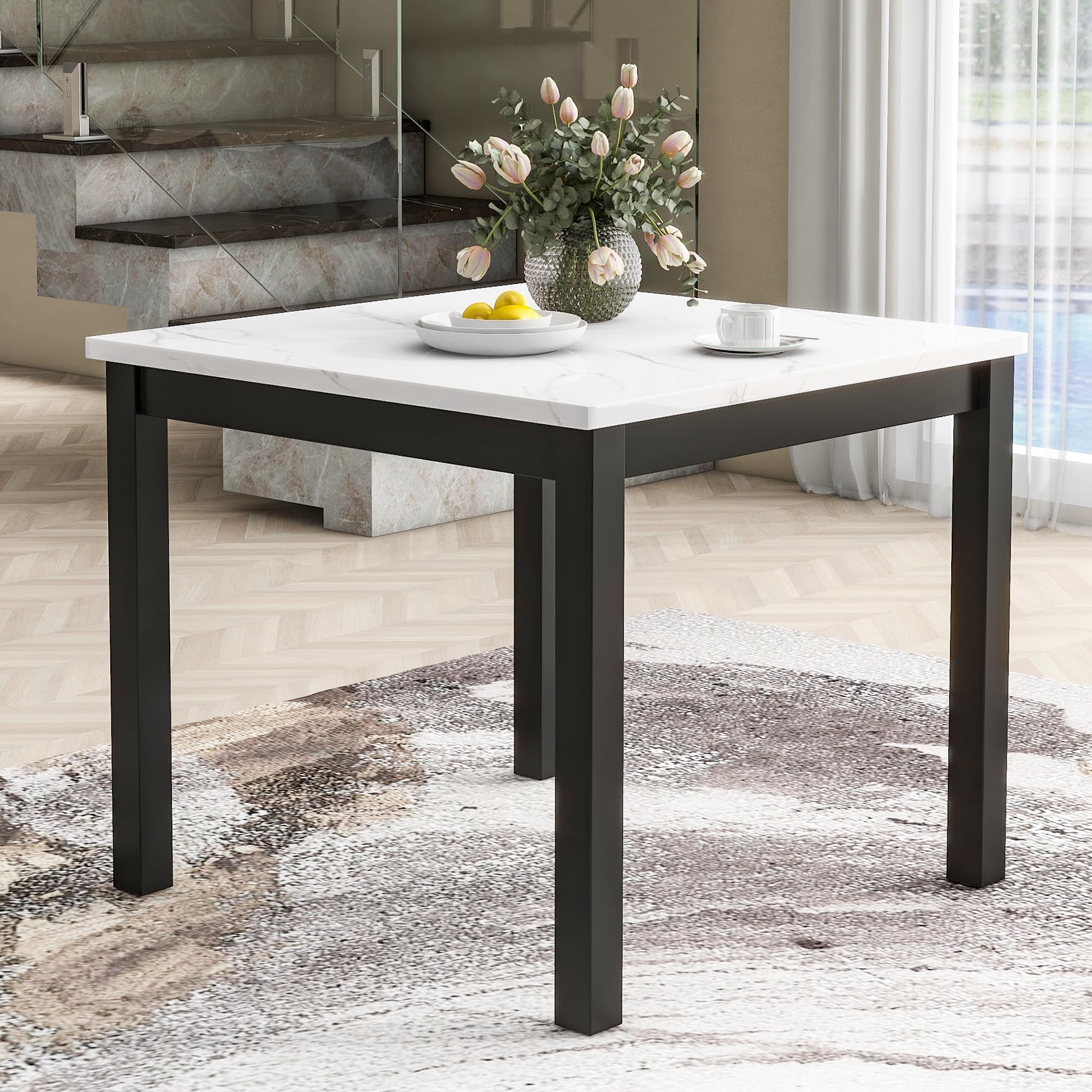 Merax Dining Table Set for 4, Counter Height Dining Table Set with Faux Marble Dining Table and 4 Upholstered-Seat Chairs, 5 Piece Dining Room Table Set for Kitchen and Living Room Furniture, Gray