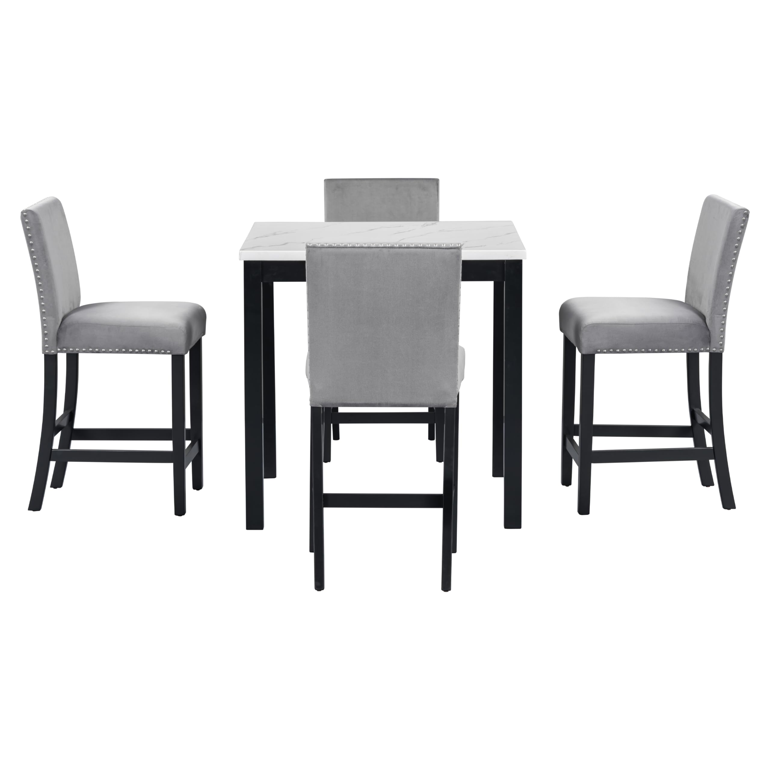 Merax Dining Table Set for 4, Counter Height Dining Table Set with Faux Marble Dining Table and 4 Upholstered-Seat Chairs, 5 Piece Dining Room Table Set for Kitchen and Living Room Furniture, Gray