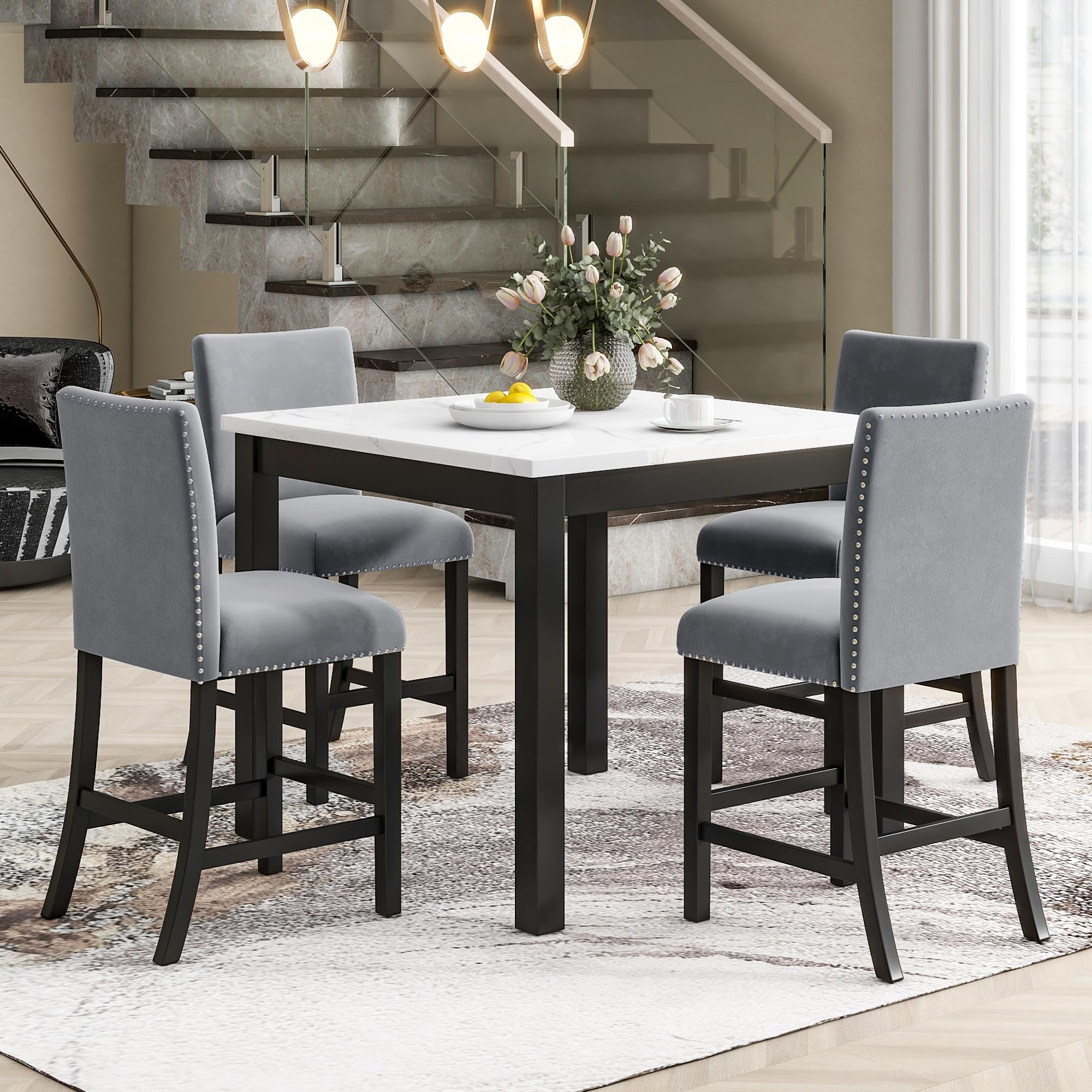 Merax Dining Table Set for 4, Counter Height Dining Table Set with Faux Marble Dining Table and 4 Upholstered-Seat Chairs, 5 Piece Dining Room Table Set for Kitchen and Living Room Furniture, Gray