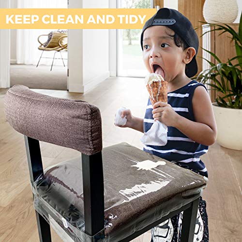 4 Pack Large Plastic Chair Covers for Dining Room, Clear Chair Seat Protectors with Adjustable Belt Strap Fits 18” – 22” Seats, Waterproof & Scratch Resistant Heavy Duty PVC Dining Chair Covers