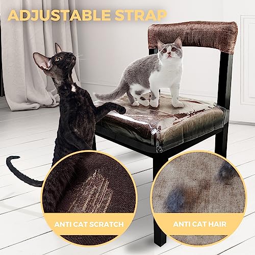 4 Pack Large Plastic Chair Covers for Dining Room, Clear Chair Seat Protectors with Adjustable Belt Strap Fits 18” – 22” Seats, Waterproof & Scratch Resistant Heavy Duty PVC Dining Chair Covers