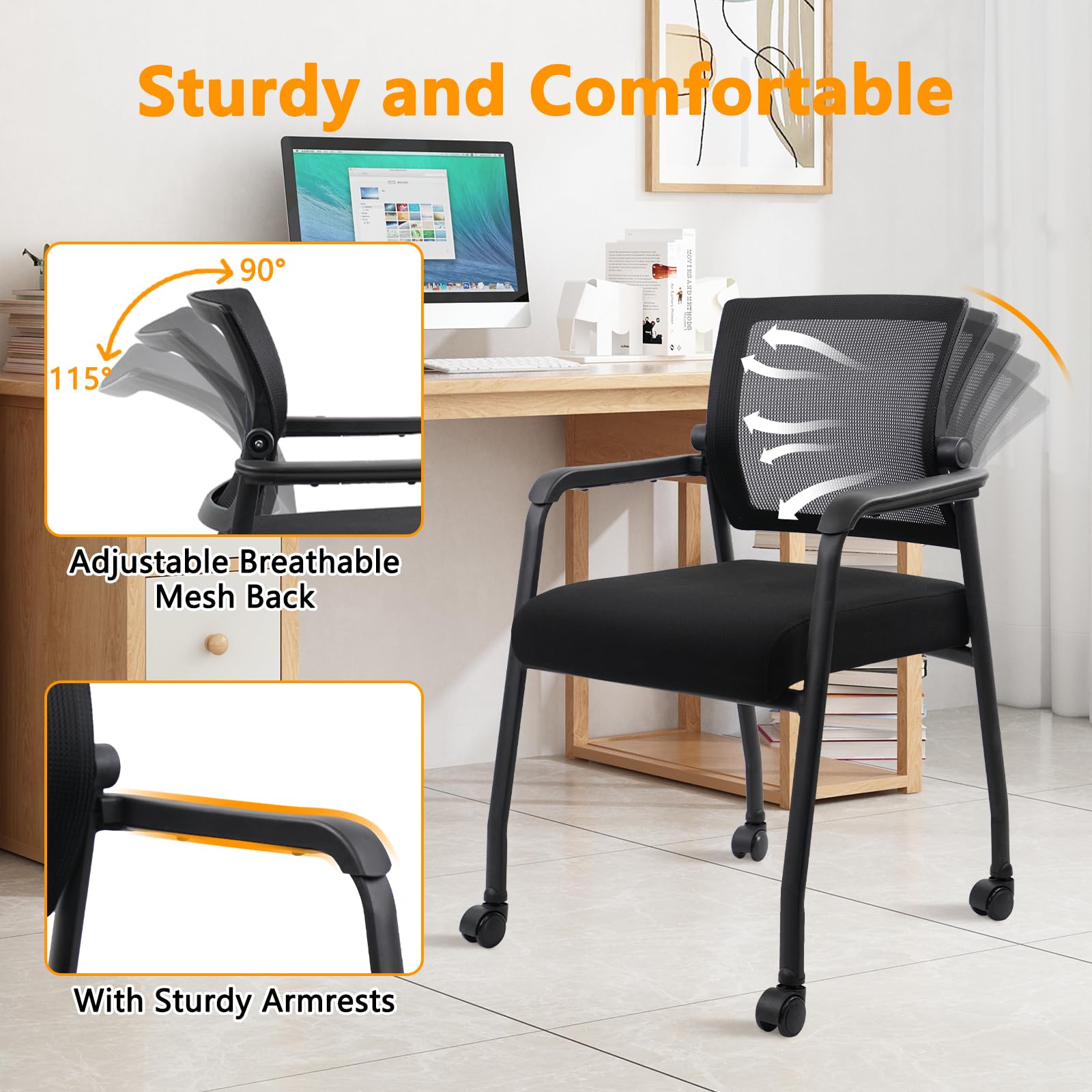 KLASIKA Waiting Room Chairs with Wheels, Adjustable Mesh Backrest, Desk Chair with Ergonomic Lumbar Support and Thickened Seats Cushion, Black