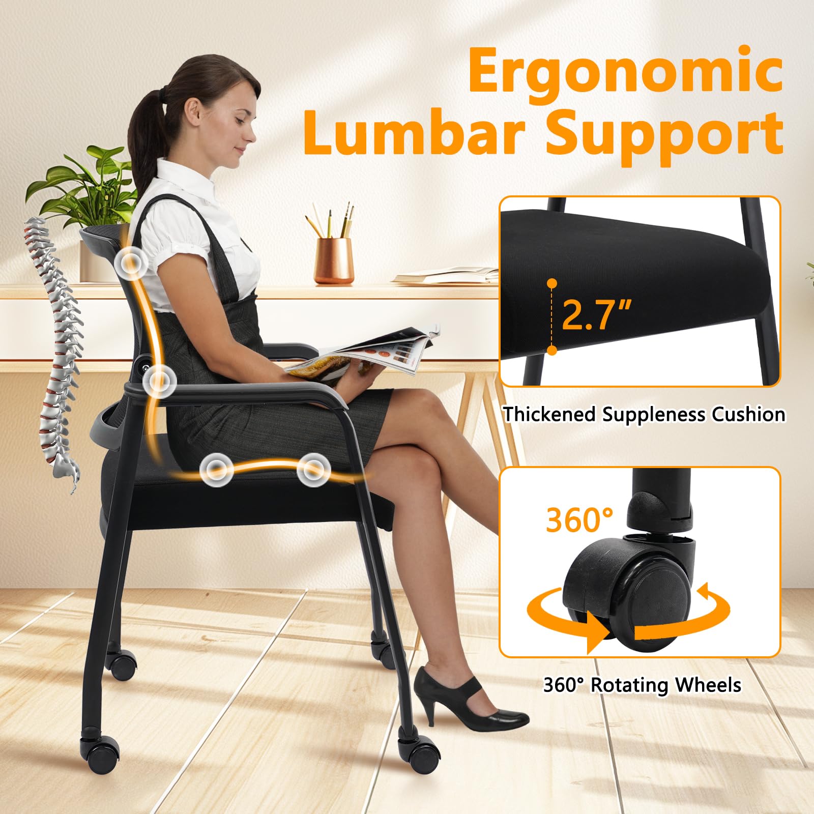 KLASIKA Waiting Room Chairs with Wheels, Adjustable Mesh Backrest, Desk Chair with Ergonomic Lumbar Support and Thickened Seats Cushion, Black