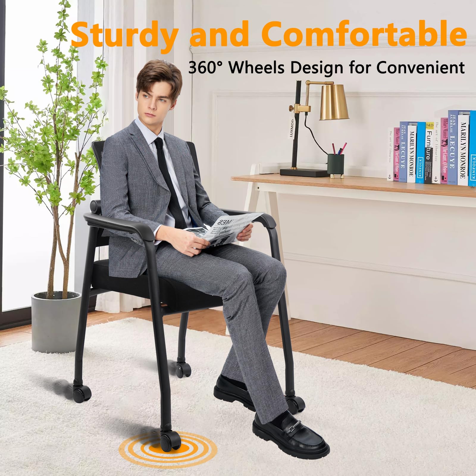 KLASIKA Waiting Room Chairs with Wheels, Adjustable Mesh Backrest, Desk Chair with Ergonomic Lumbar Support and Thickened Seats Cushion, Black