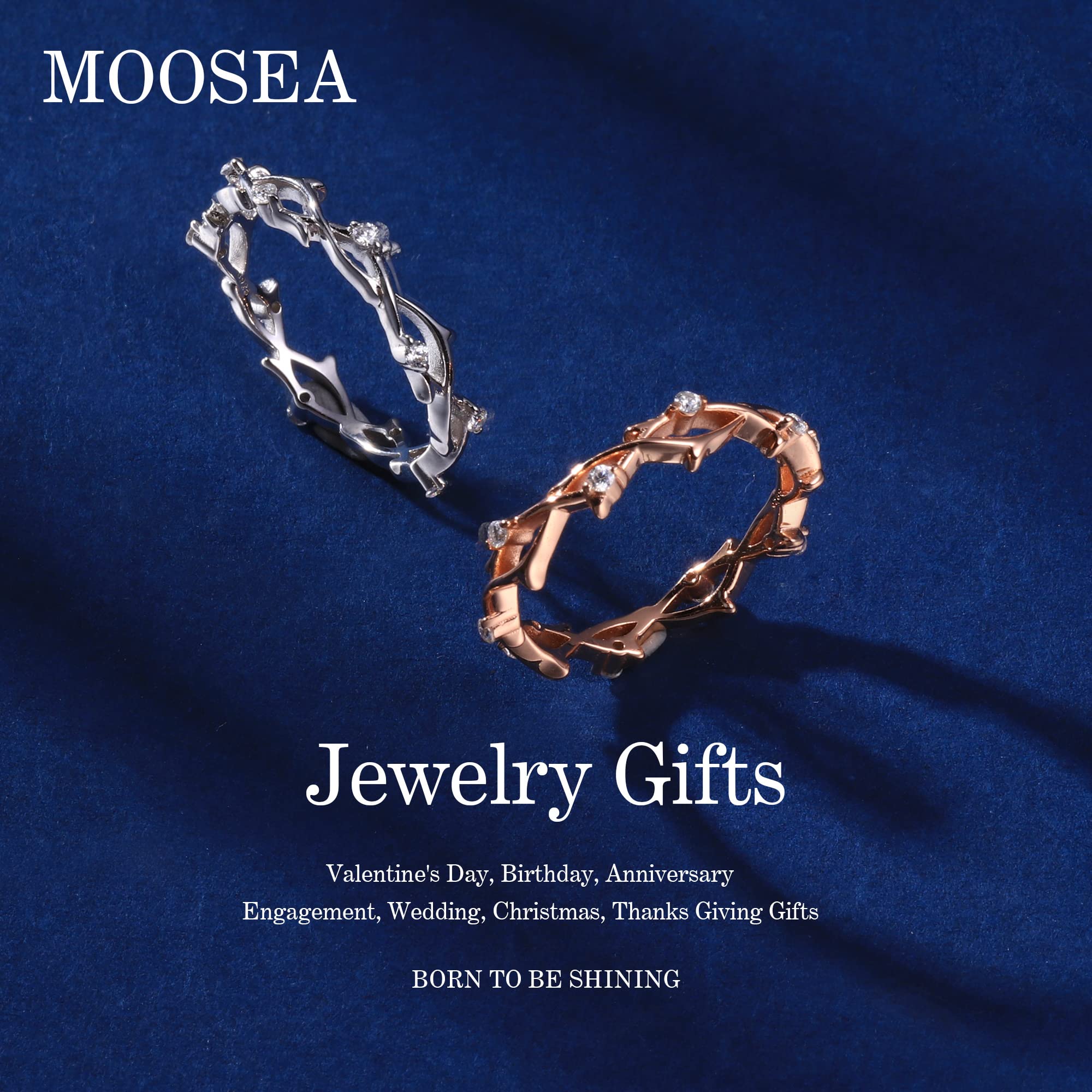 MOOSEA Twig Moissanite Stackable Wedding Ring, 14K White Gold Vermeil, D Color VVS1 Clarity Lab Created Moissanite, Half Eternity, Female, 4.5 Size