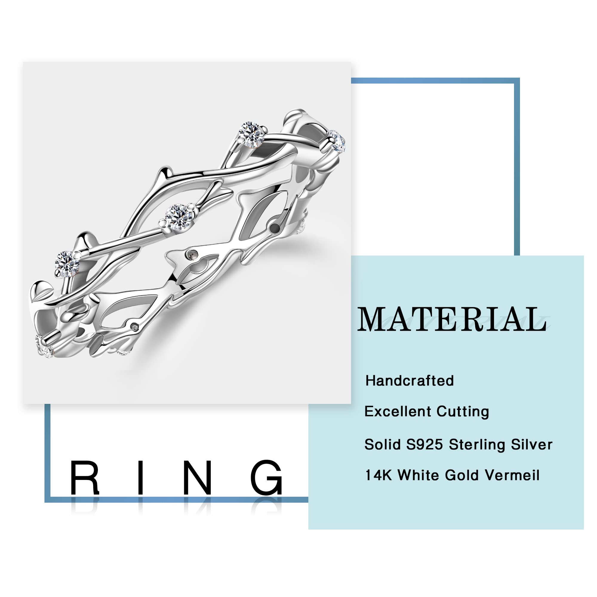 MOOSEA Twig Moissanite Stackable Wedding Ring, 14K White Gold Vermeil, D Color VVS1 Clarity Lab Created Moissanite, Half Eternity, Female, 4.5 Size