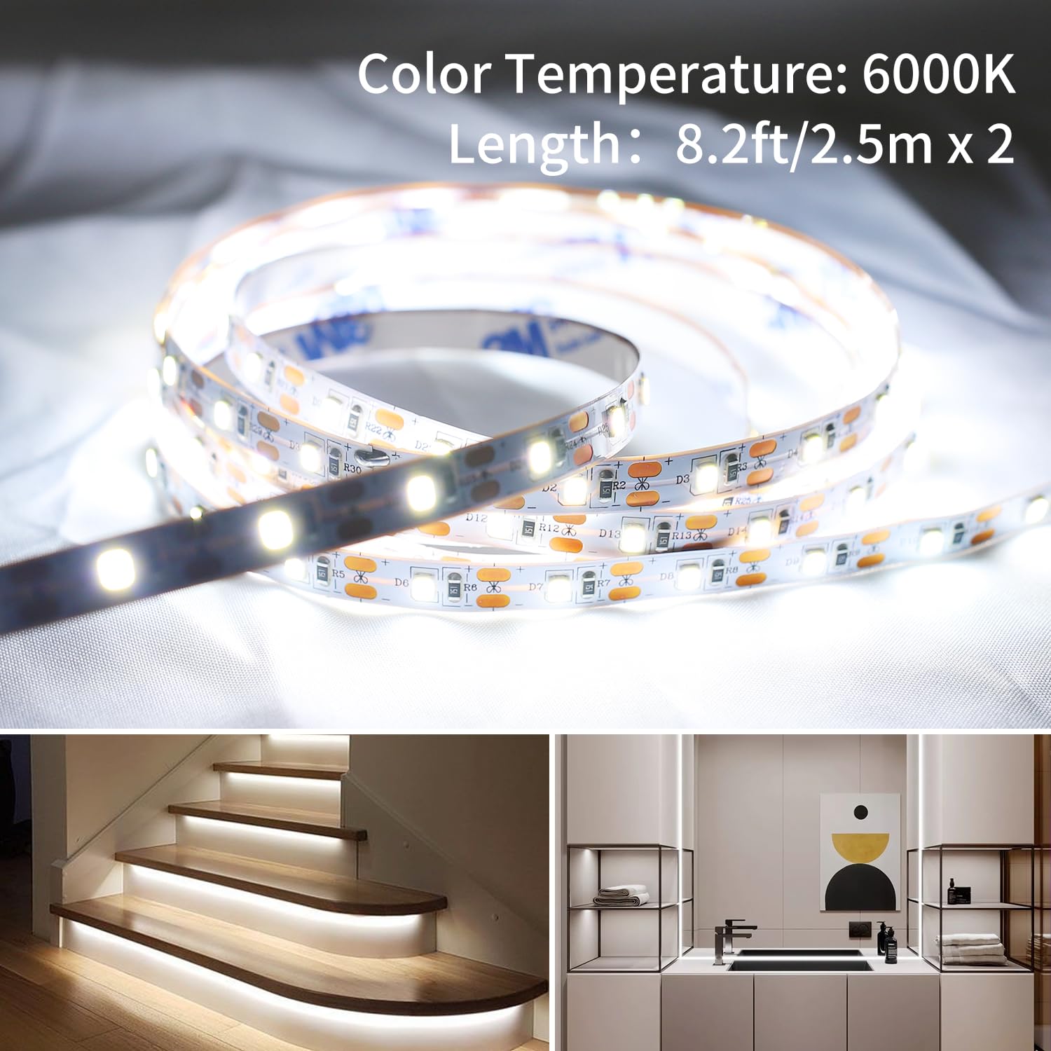 NEWREACH USB LED Light Strip White with Battery Box (Batteries Not Included), 16.4ft Daylight Under Cabinet Strip Lights Cuttable for Bedroom, Mirror, Party, Camping, Christmas, 8.2ft x 2