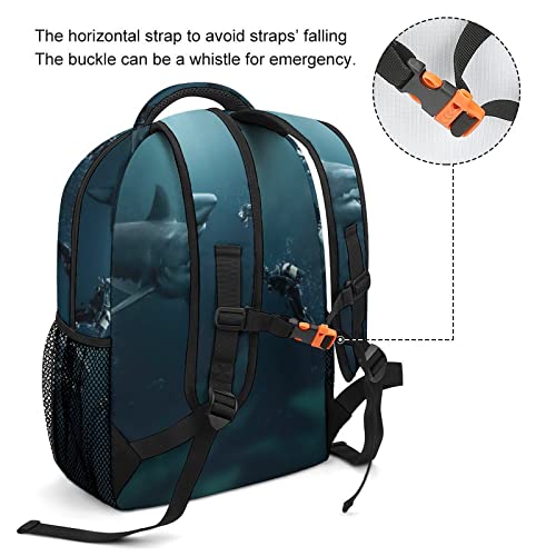 Undersea Shark Laptop backpack,Funny Ocean Wildlife Shark Diver Face to Face Backpack with Padded Shoulder Straps One Size