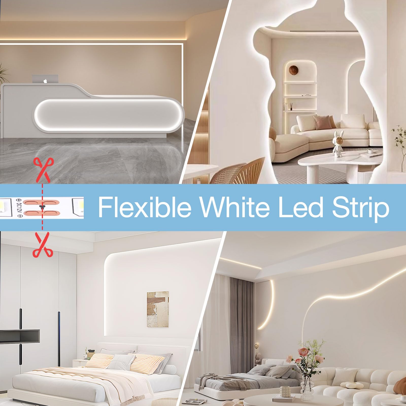 NEWREACH USB LED Light Strip White with Battery Box (Batteries Not Included), 16.4ft Daylight Under Cabinet Strip Lights Cuttable for Bedroom, Mirror, Party, Camping, Christmas, 8.2ft x 2