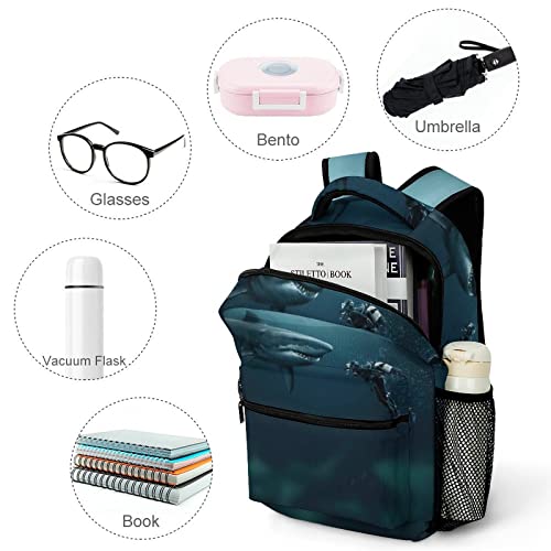 Undersea Shark Laptop backpack,Funny Ocean Wildlife Shark Diver Face to Face Backpack with Padded Shoulder Straps One Size