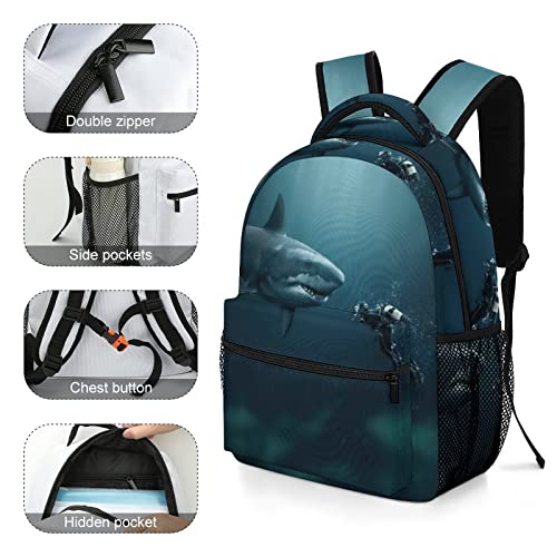Undersea Shark Laptop backpack,Funny Ocean Wildlife Shark Diver Face to Face Backpack with Padded Shoulder Straps One Size
