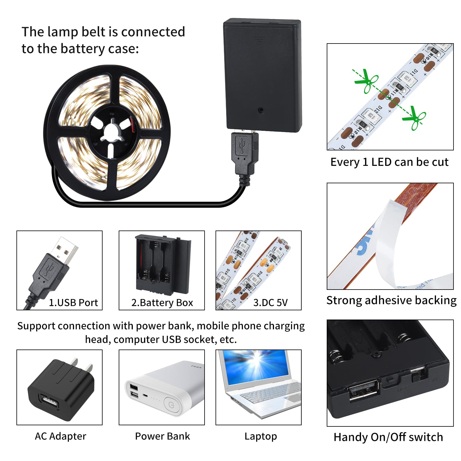 NEWREACH USB LED Light Strip White with Battery Box (Batteries Not Included), 16.4ft Daylight Under Cabinet Strip Lights Cuttable for Bedroom, Mirror, Party, Camping, Christmas, 8.2ft x 2