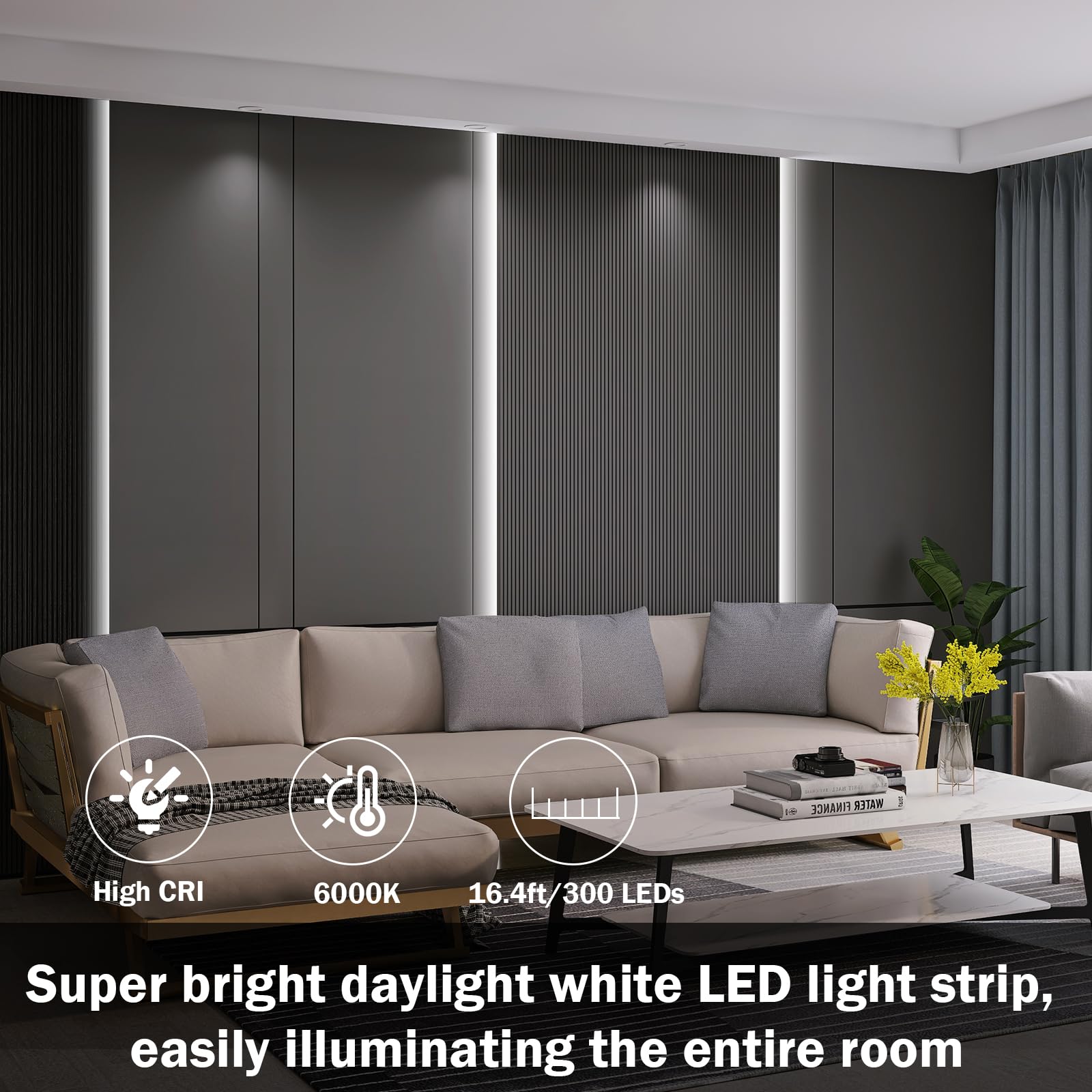 NEWREACH USB LED Light Strip White with Battery Box (Batteries Not Included), 16.4ft Daylight Under Cabinet Strip Lights Cuttable for Bedroom, Mirror, Party, Camping, Christmas, 8.2ft x 2