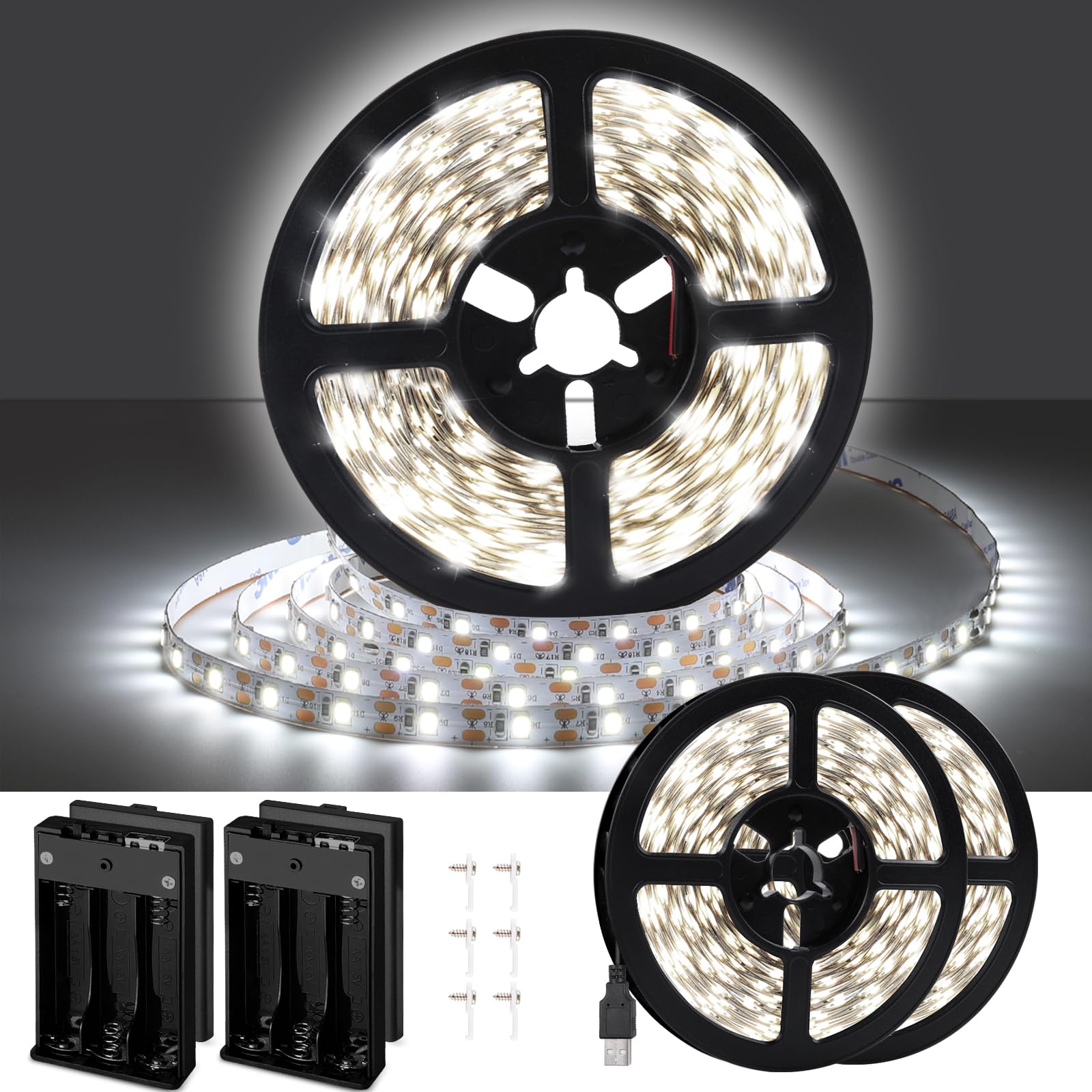 NEWREACH USB LED Light Strip White with Battery Box (Batteries Not Included), 16.4ft Daylight Under Cabinet Strip Lights Cuttable for Bedroom, Mirror, Party, Camping, Christmas, 8.2ft x 2