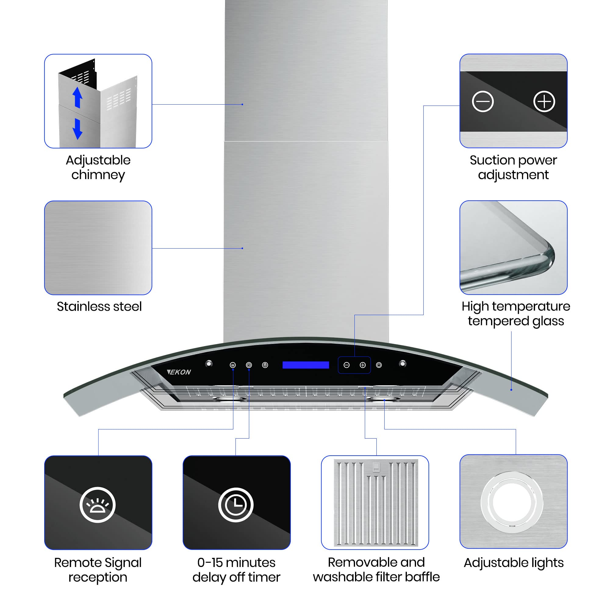 EKON KITCHEN EXPERT 36" Island Mount Range Hood, 900 CFM Ducted, 4 Speed Fan, Stainless Steel & Tempered Glass, NAIS01-36"