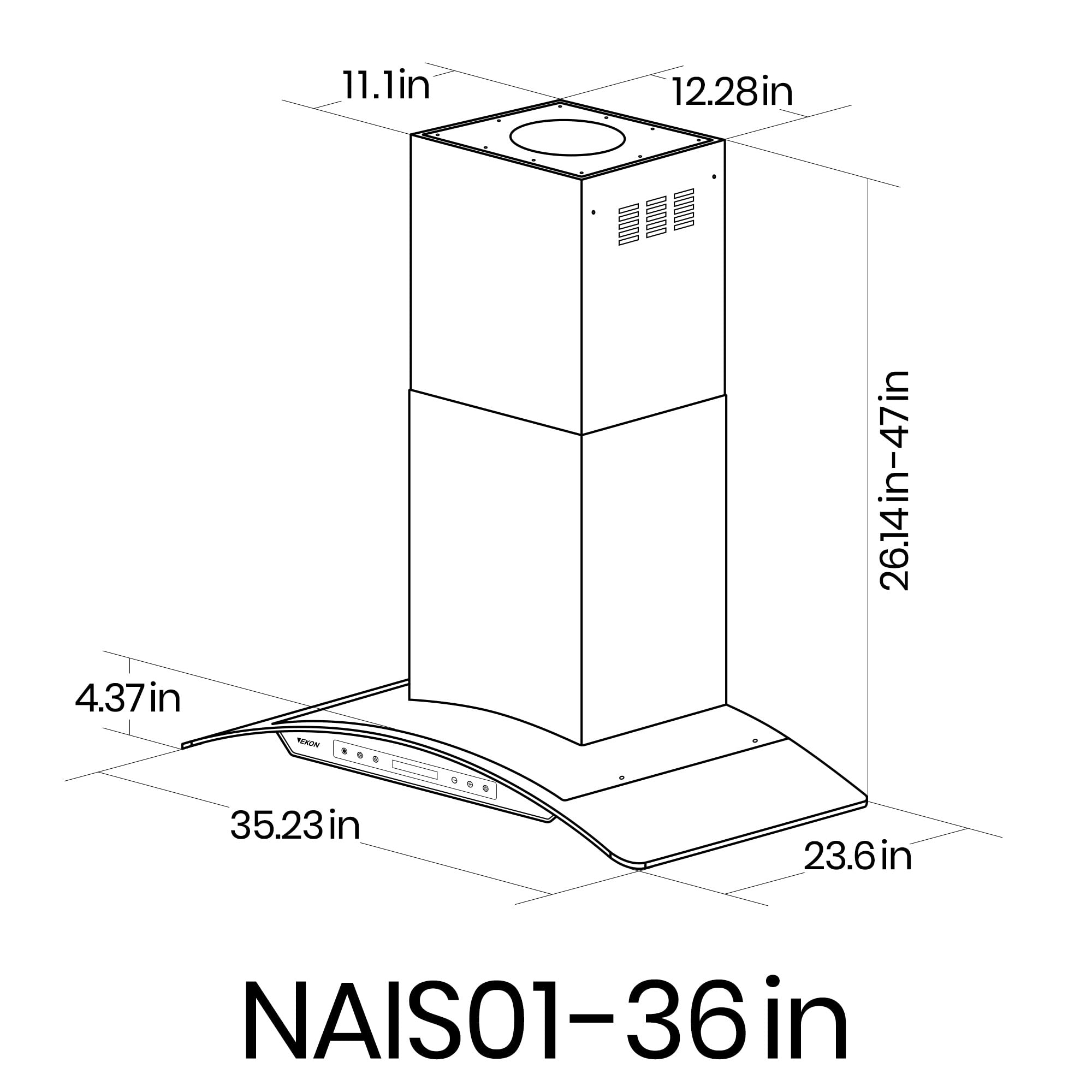 EKON KITCHEN EXPERT 36" Island Mount Range Hood, 900 CFM Ducted, 4 Speed Fan, Stainless Steel & Tempered Glass, NAIS01-36"