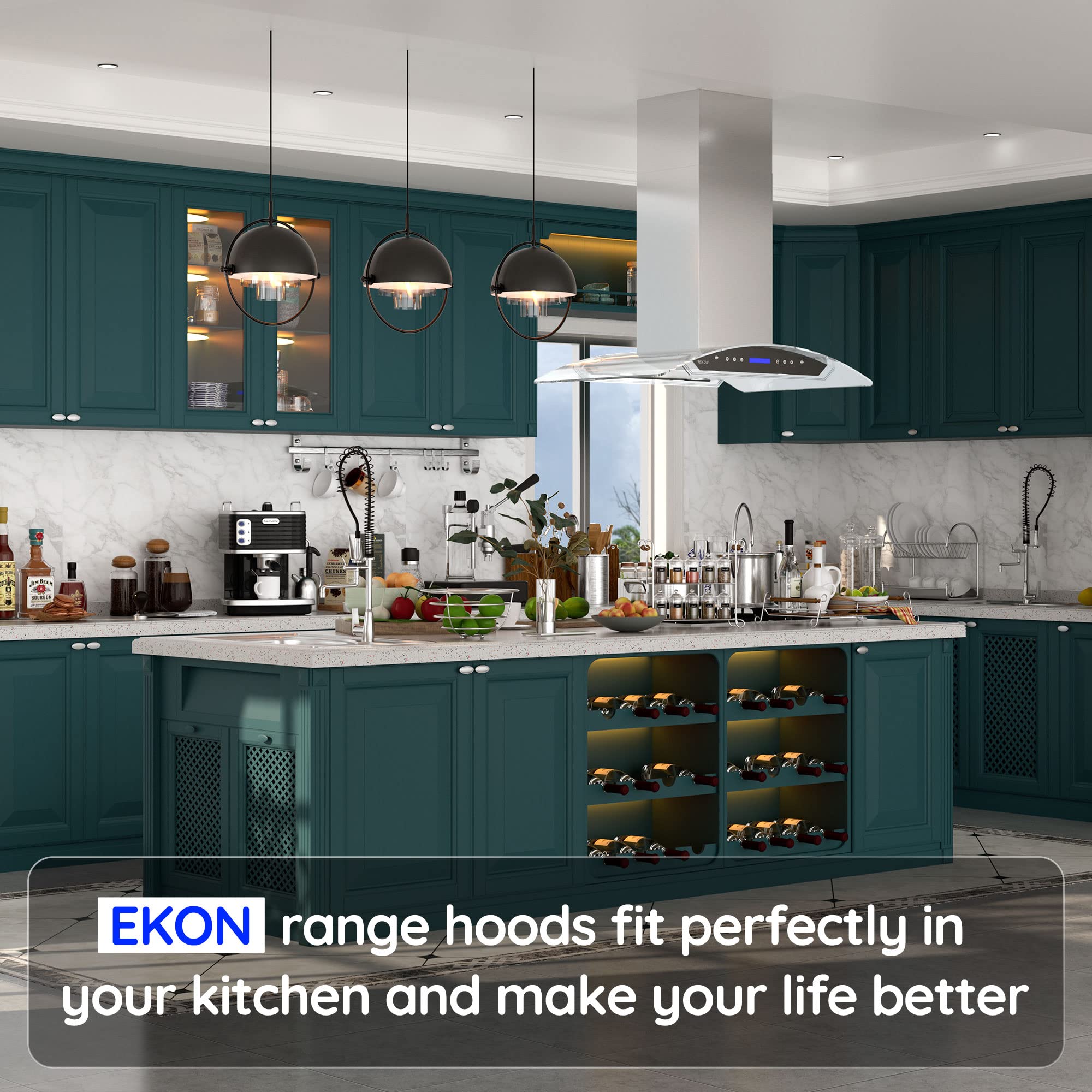 EKON KITCHEN EXPERT 36" Island Mount Range Hood, 900 CFM Ducted, 4 Speed Fan, Stainless Steel & Tempered Glass, NAIS01-36"