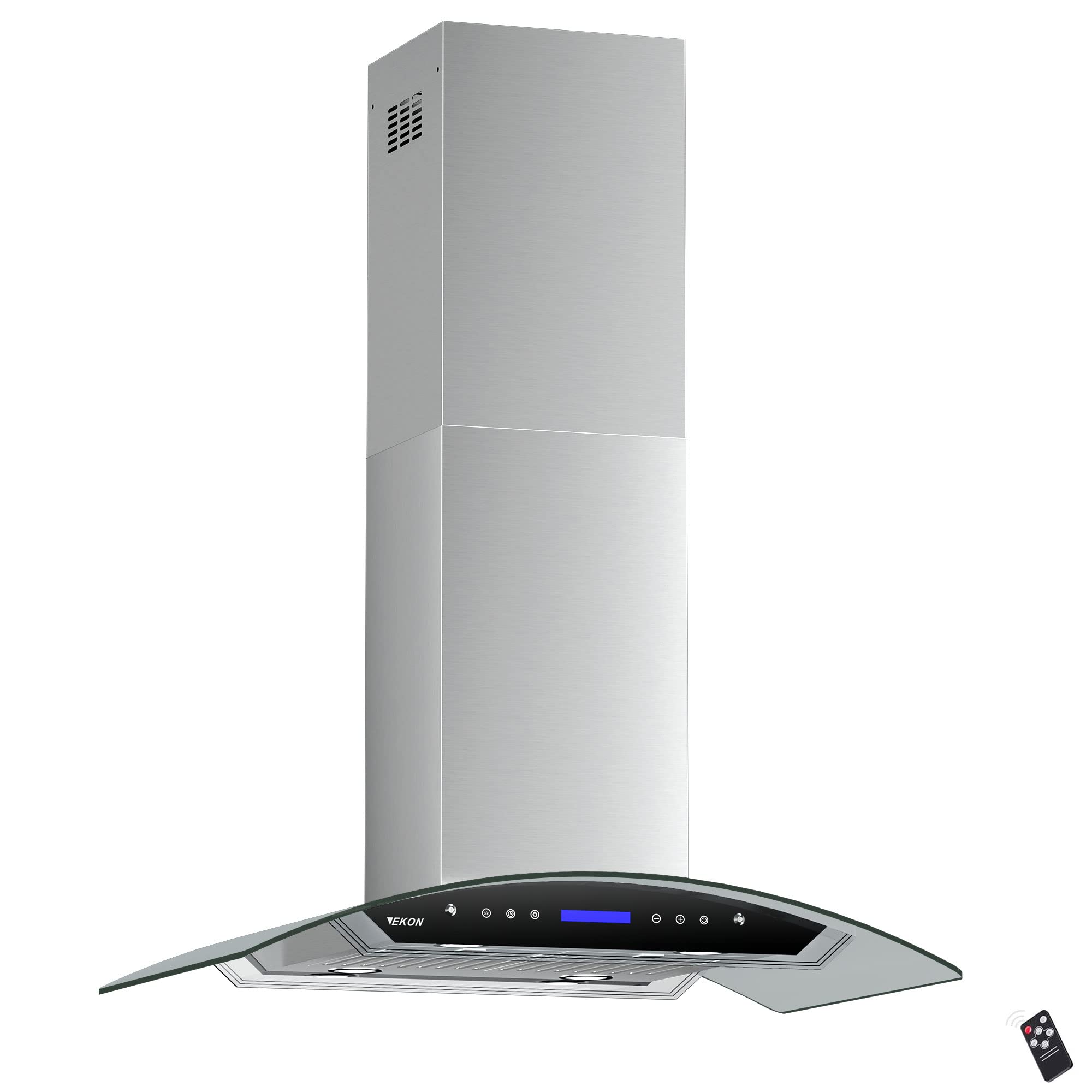 EKON KITCHEN EXPERT 36" Island Mount Range Hood, 900 CFM Ducted, 4 Speed Fan, Stainless Steel & Tempered Glass, NAIS01-36"