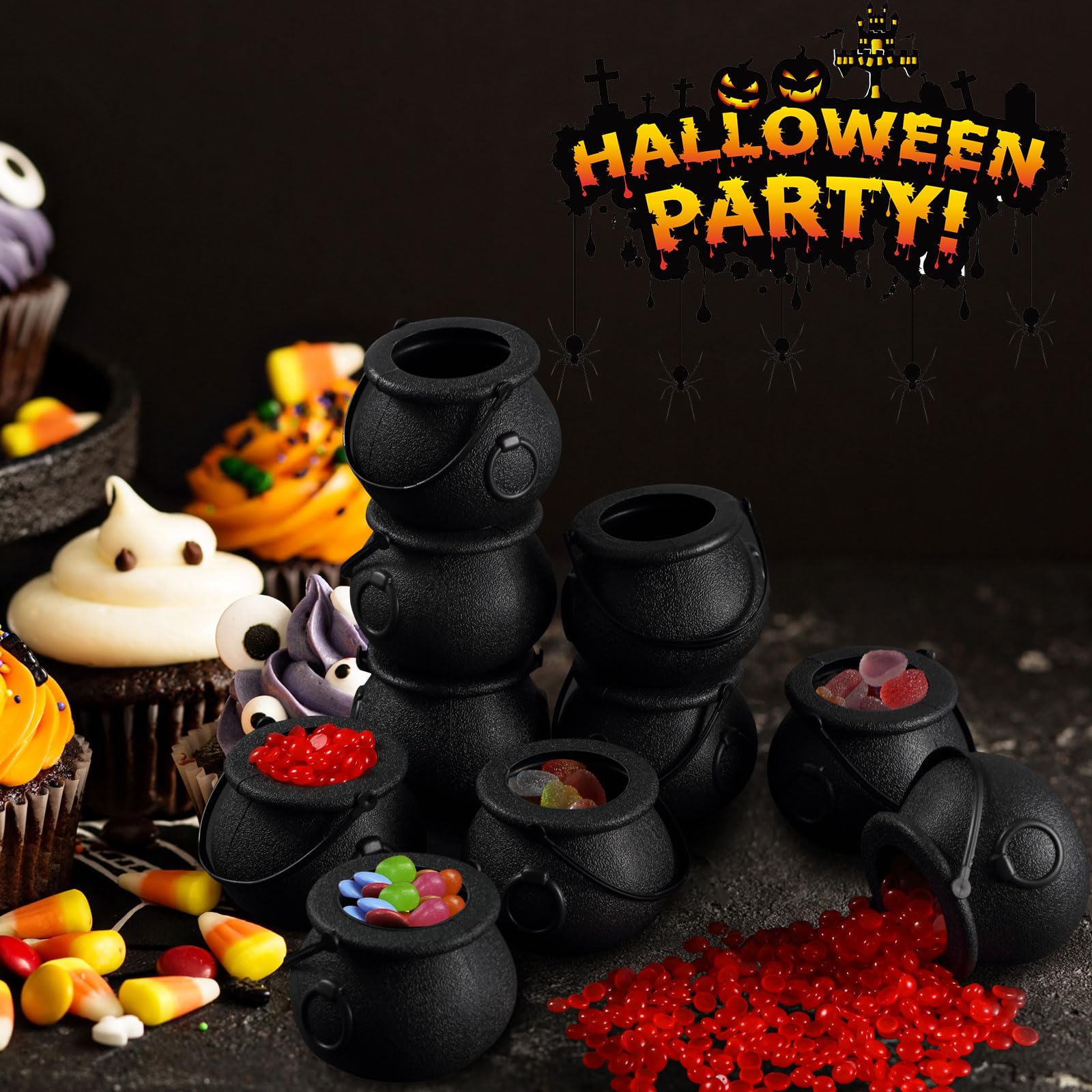 80 Pcs Plastic Cauldron Mini Witches Cauldron with Handle for St Patrick Day, Mardi Gras, Halloween Decorations Cauldron Candy Cauldron Kettles for Party Favors(Black, 80 Pcs)