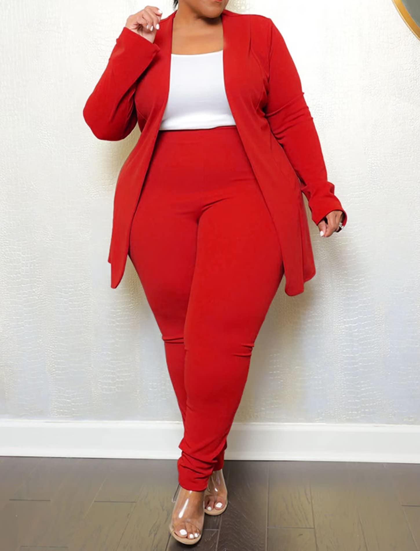 Womens Plus Size Business Suits with Pants Slim Fit Blazers Two Piece Suit Sets Tracksuits Red 3X