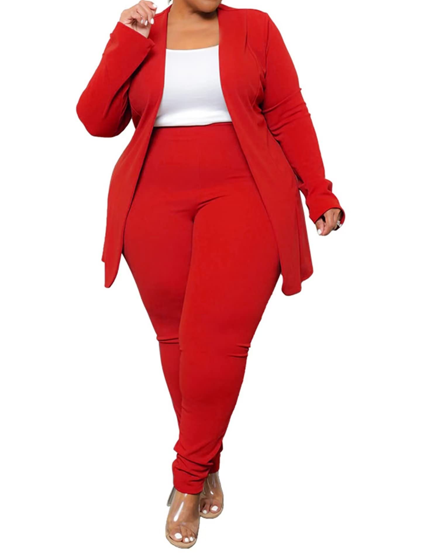 Womens Plus Size Business Suits with Pants Slim Fit Blazers Two Piece Suit Sets Tracksuits Red 3X