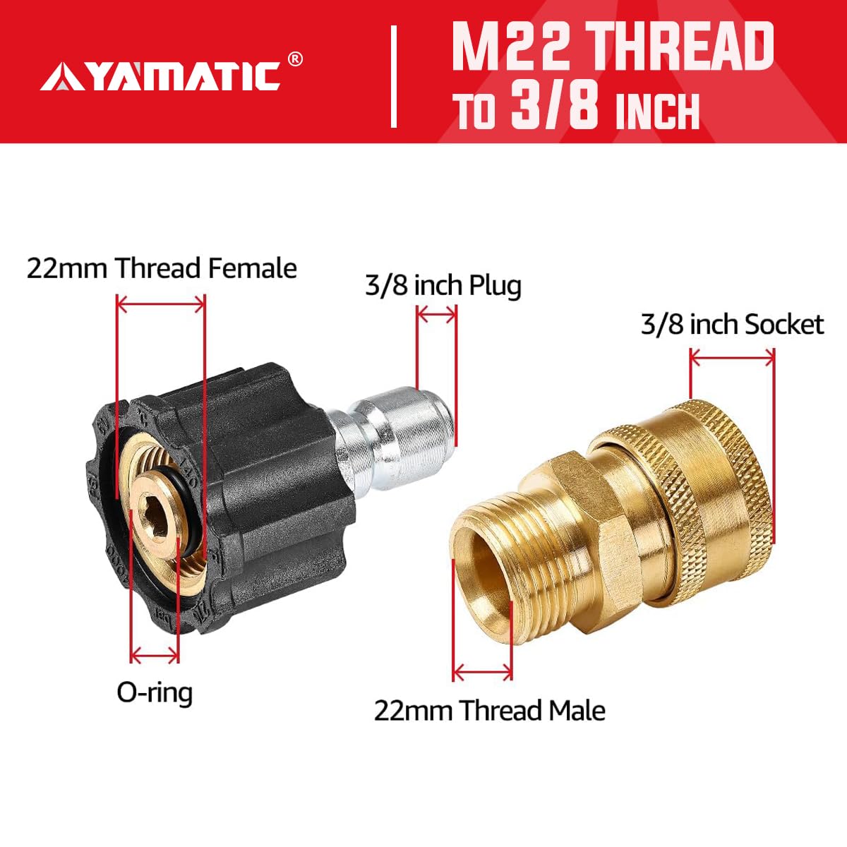 YAMATIC Pressure Washer Adapter Set Quick Connect Kit, M22 to 3/8" Quick Connectors, 5000 PSI Pressure Couplers Fittings for a Pressure Washer, Hose, and Gun (2 PCS)