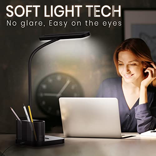 AXX Desk Lamp for College Dorm Room, School Study Supplies for Teens Kids, Office Desk Lights with Organizer/Storage, Desktop Lamp for Bedroom, LED, Small, Black, Pen Holder, Gooseneck