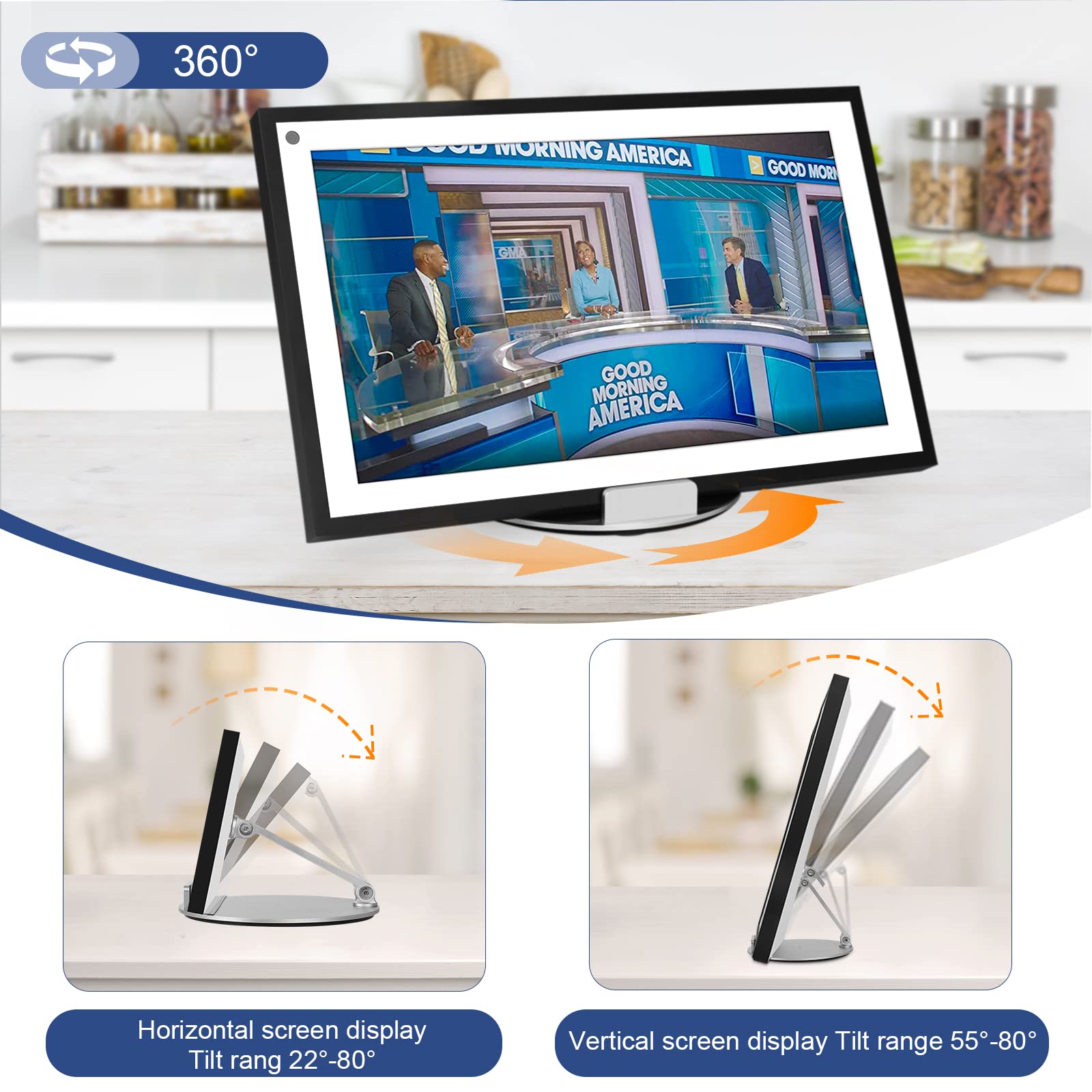 Aluminum Desktop Stand for Echo Show 15, Echo Show 15 Stand Swivel and Tilt, Adjustable and Foldable Stand with 360 Degree Rotatable Base, Multi-Angles, Easy Switch Device in Portrait and Landscape