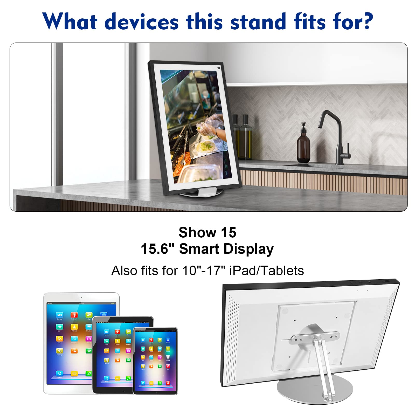 Aluminum Desktop Stand for Echo Show 15, Echo Show 15 Stand Swivel and Tilt, Adjustable and Foldable Stand with 360 Degree Rotatable Base, Multi-Angles, Easy Switch Device in Portrait and Landscape