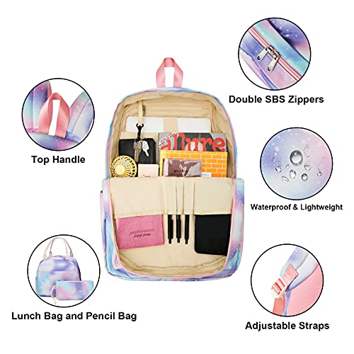 Backpack for Teen Girls School Backpack Bookbag Set with Lunch Box and Pencil Bag Water-Resistant & Light weight (Blue Galaxy)
