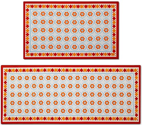 AUTODECO 2 PCS Farmhouse Kitchen Mats and Rug Set - Vintage Water Absorb Microfiber Kitchen Rug Non Skid Washable for Bathroom Laundry Room 17"x29.5"+17"x47", Orange&Red
