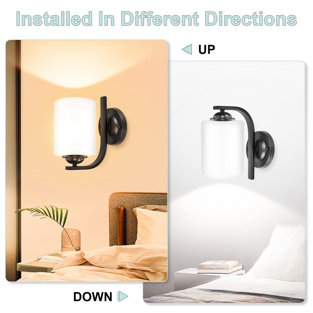 CANMEIJIA Wall Sconce 1 Light, Modern Wall Light Fixture, Bathroom Vanity Lights with Matte Black Wall Lamp for Bedroom Kitchen Hallway Porch, Milky White Glass Shades, E26 Socket, Bulbs Not Included