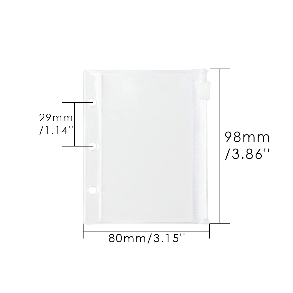 12Pack Binder Pockets Clear Mini Size Zipper Binder Pouches Bag Waterproof Loose Leaf 3 Holes Zipper Binder Pockets for Journal Budget Filing Pockets Bags