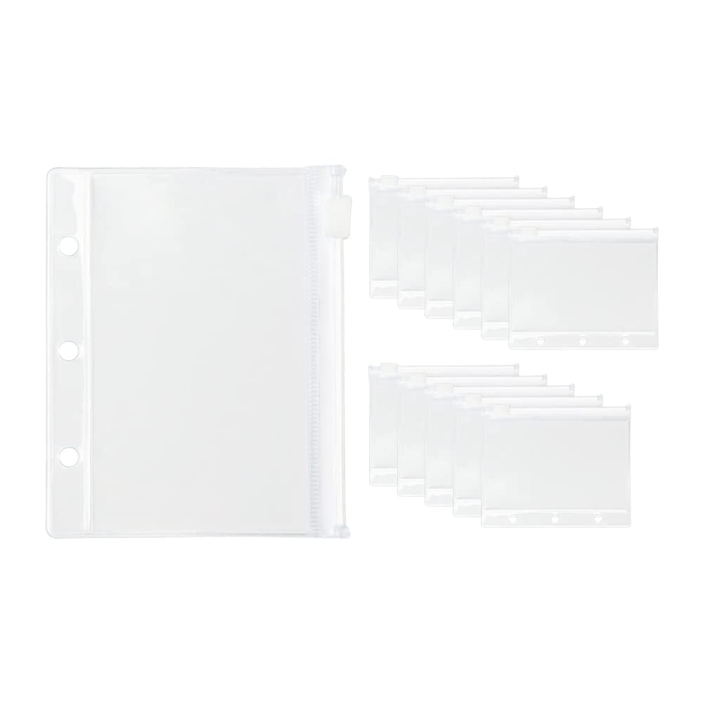 12Pack Binder Pockets Clear Mini Size Zipper Binder Pouches Bag Waterproof Loose Leaf 3 Holes Zipper Binder Pockets for Journal Budget Filing Pockets Bags